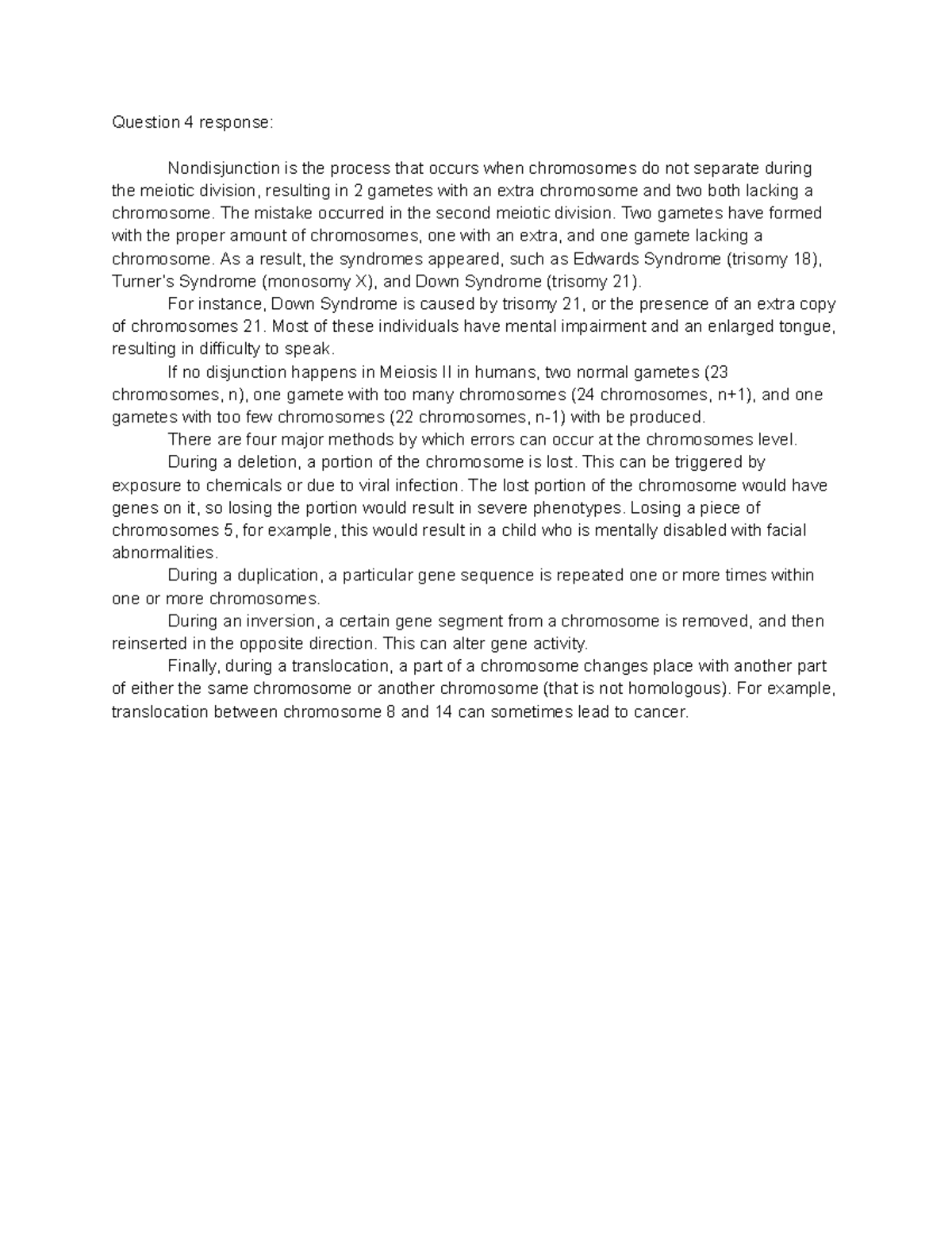 Unit 3 Culminating assignment - Question 4 response: Nondisjunction is ...