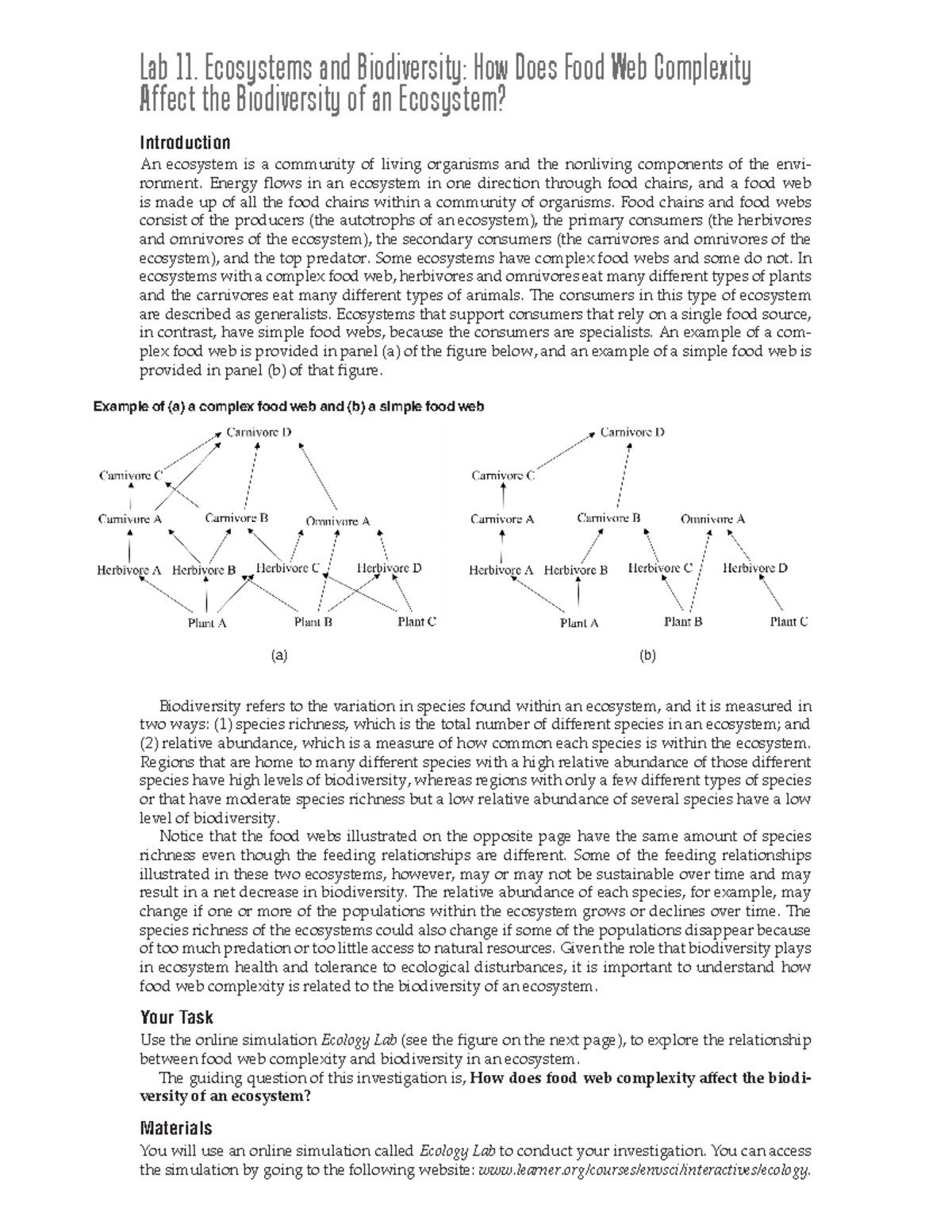Lab11studenthandout-ecosystemsandbiodiversity - Lab 11. Ecosystems and ...