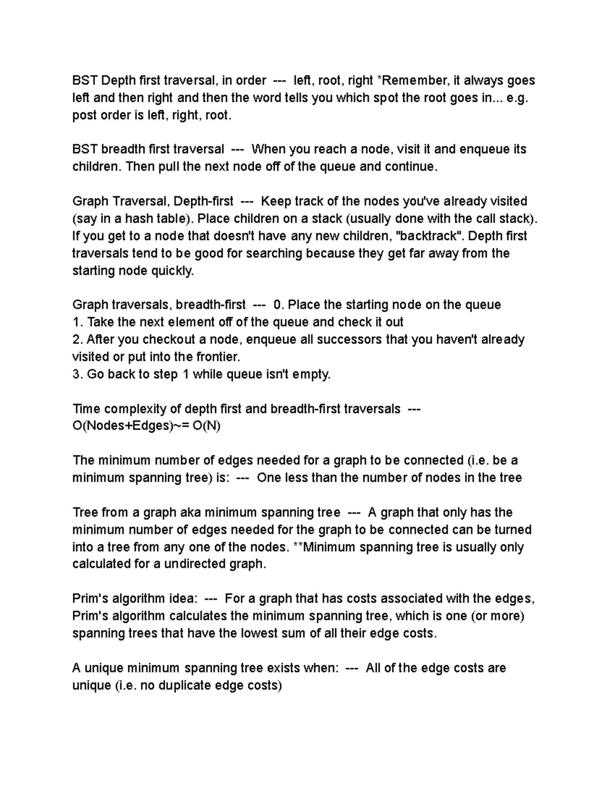 CS400 Week 8 Summary - BST Depth first traversal, in order - left, root ...