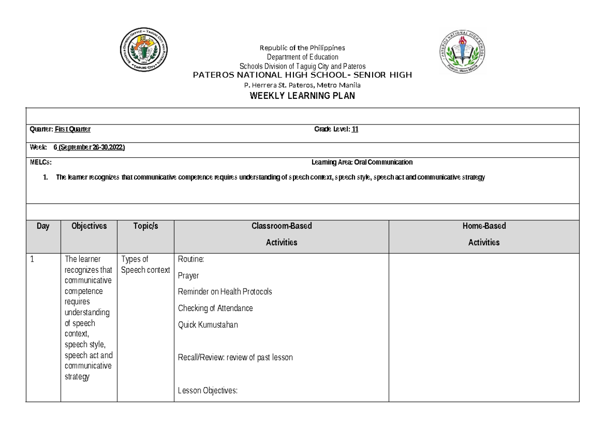 W7- Oralcomm -Leysa Weekly- Learning-PLAN - Republic of the Philippines Department of Education ...