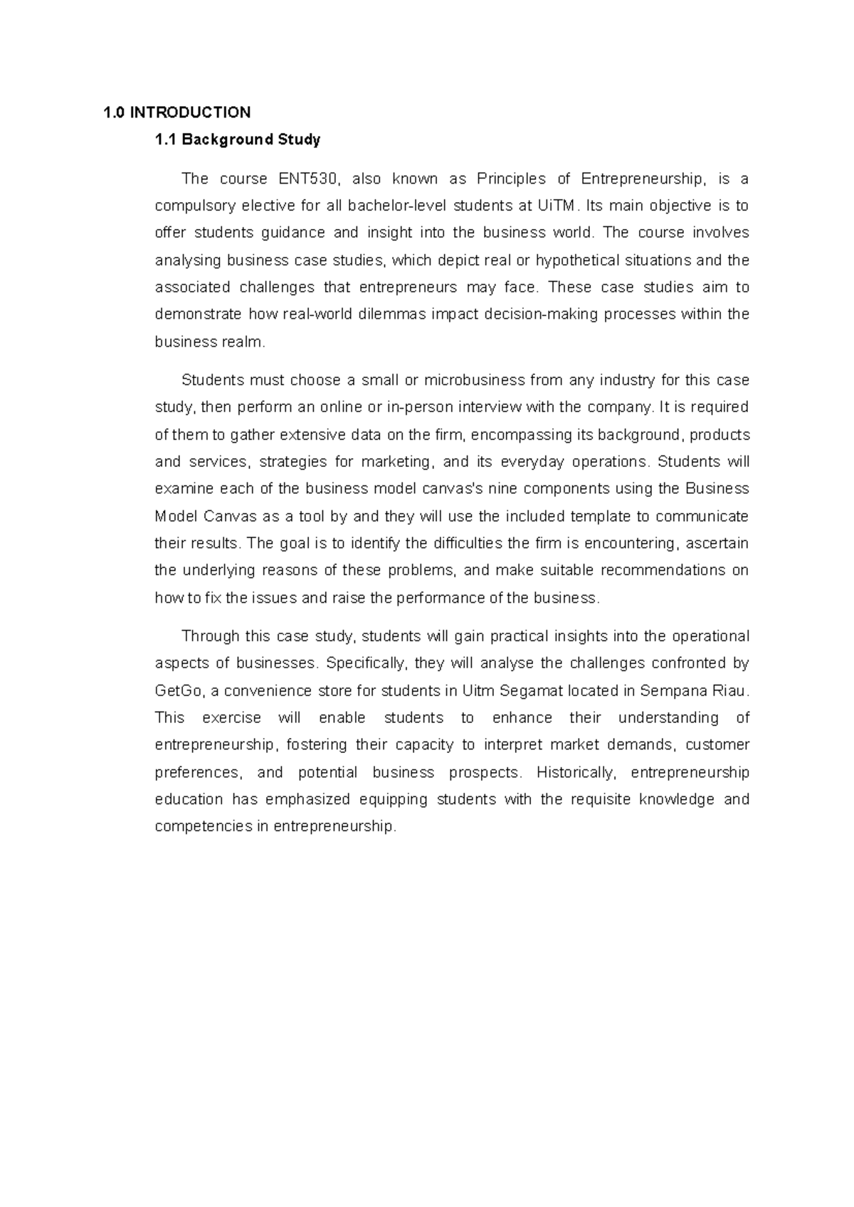 ENT530 Background Intro - 1 INTRODUCTION 1 Background Study The course ...