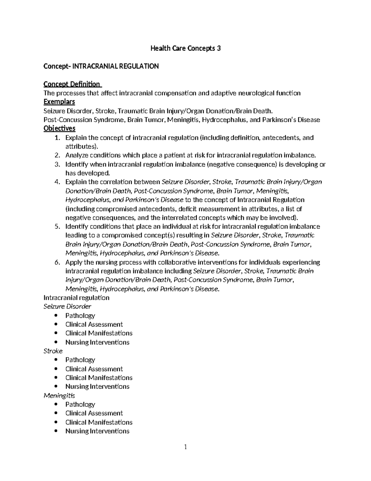 Intracranial Regulation Lecture Notes - Health Care Concepts 3 Concept ...