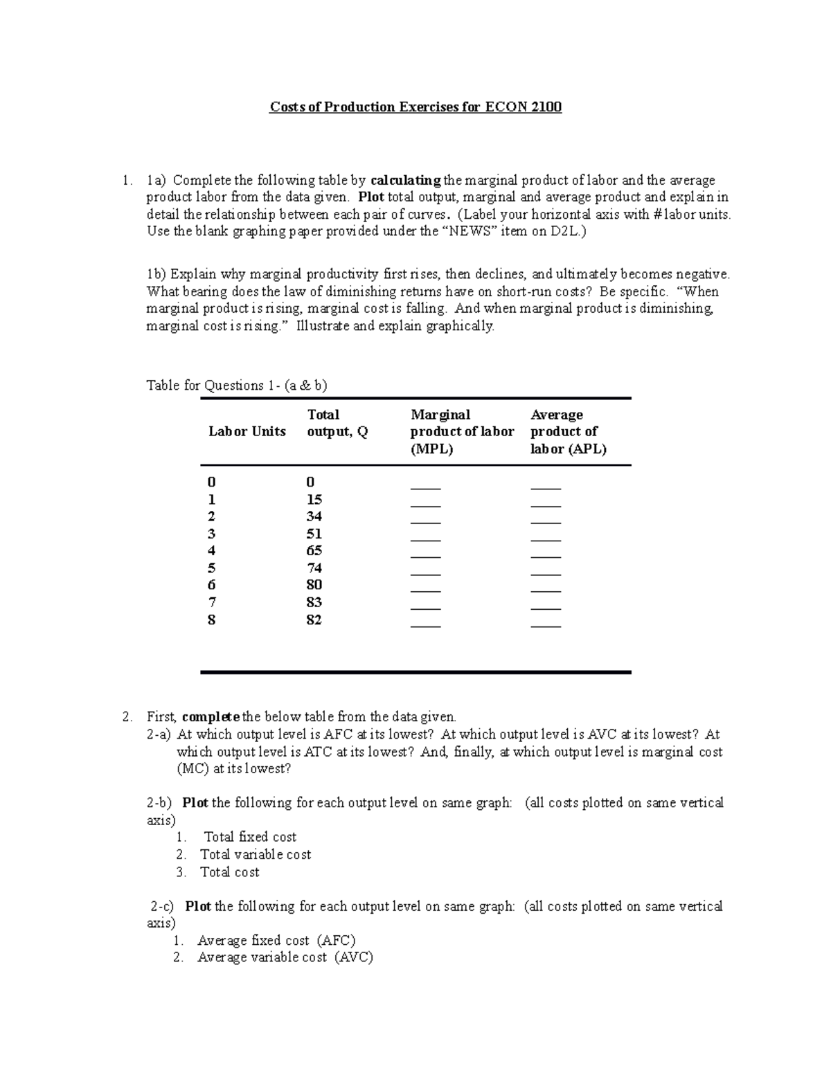 Costs of production exercises for ECON 2100 - Costs of Production ...