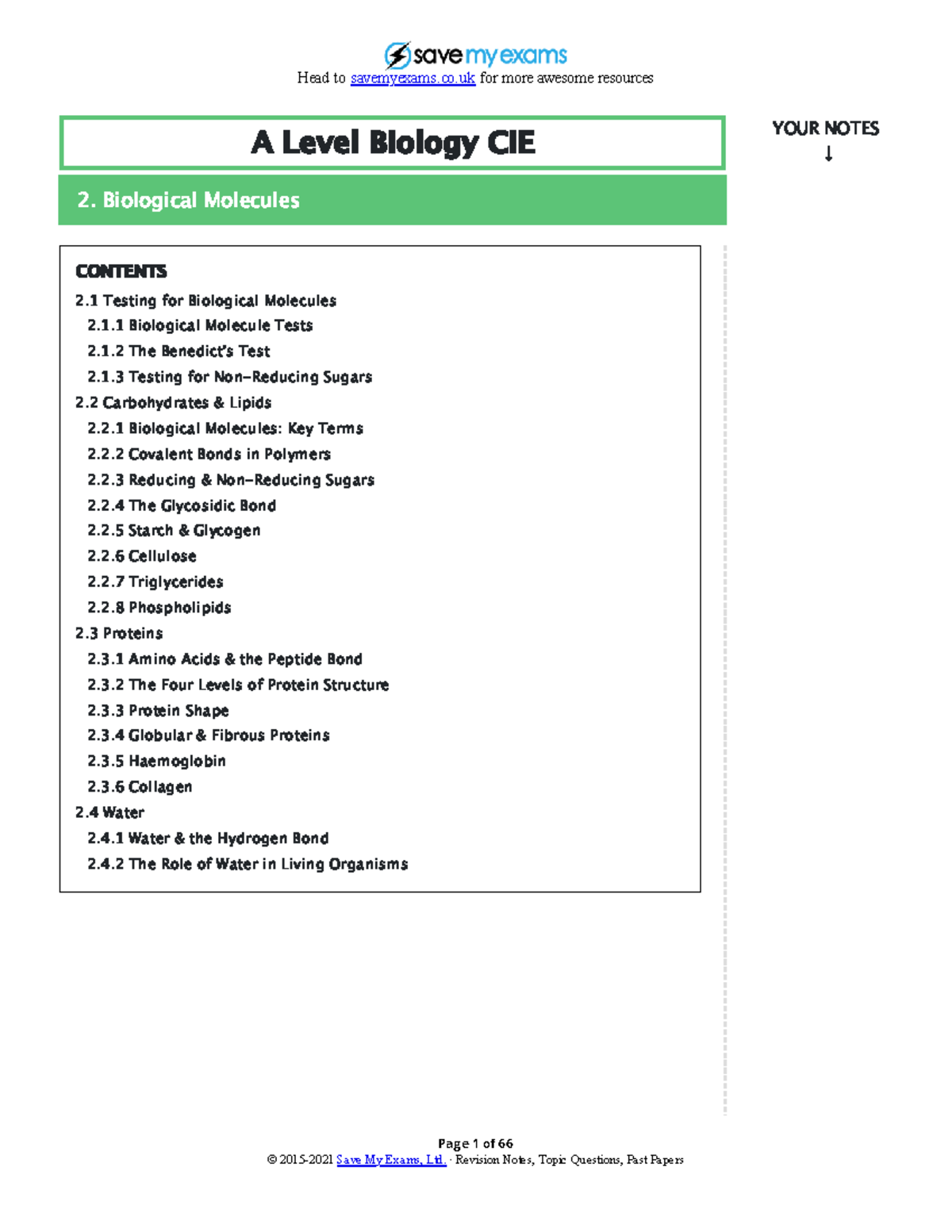 Biological Molecules AS - Page 1 of 66 A Level Biology CIE 2 ...