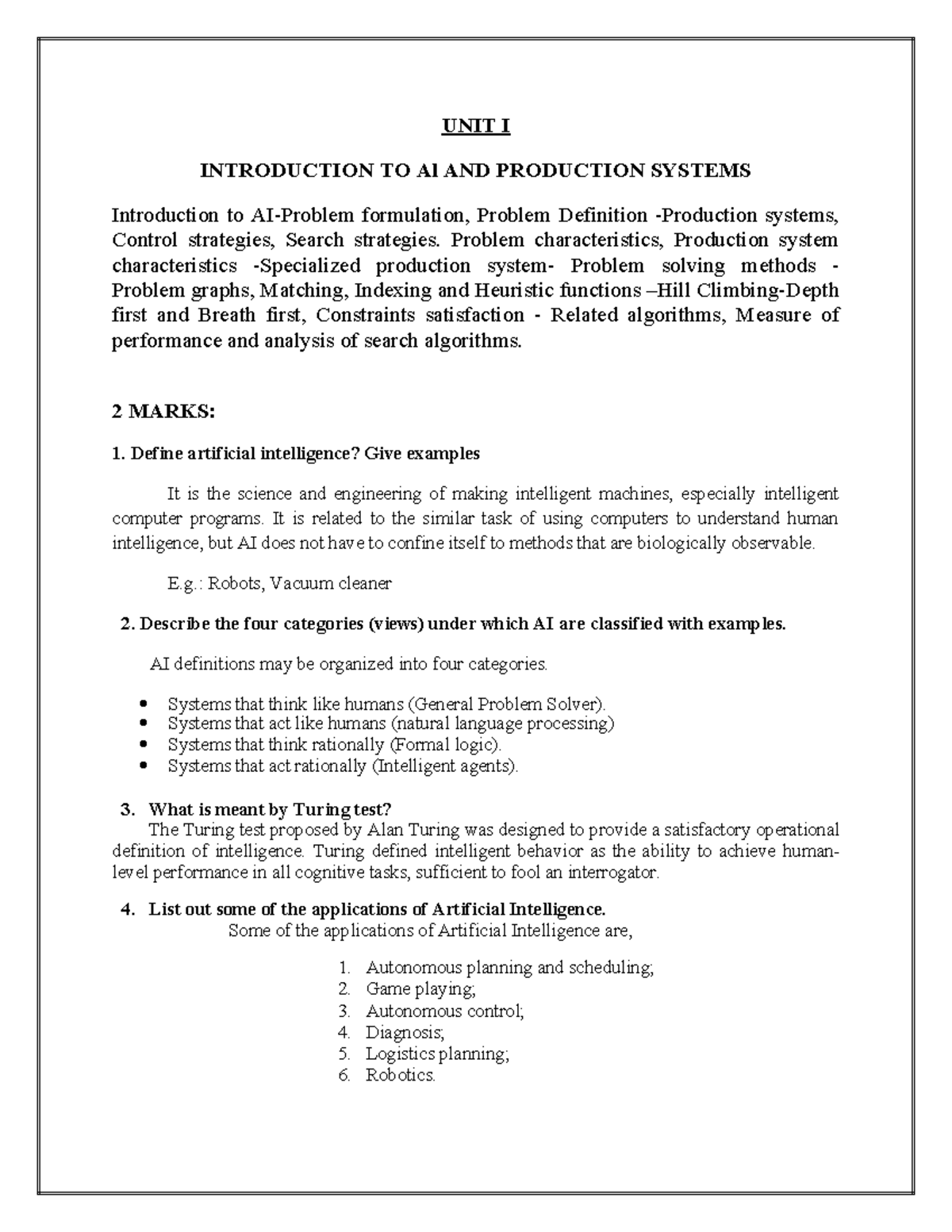 UNIT-1 Final - AI unit 1 - UNIT I INTRODUCTION TO Al AND PRODUCTION SYSTEMS Introduction to ...