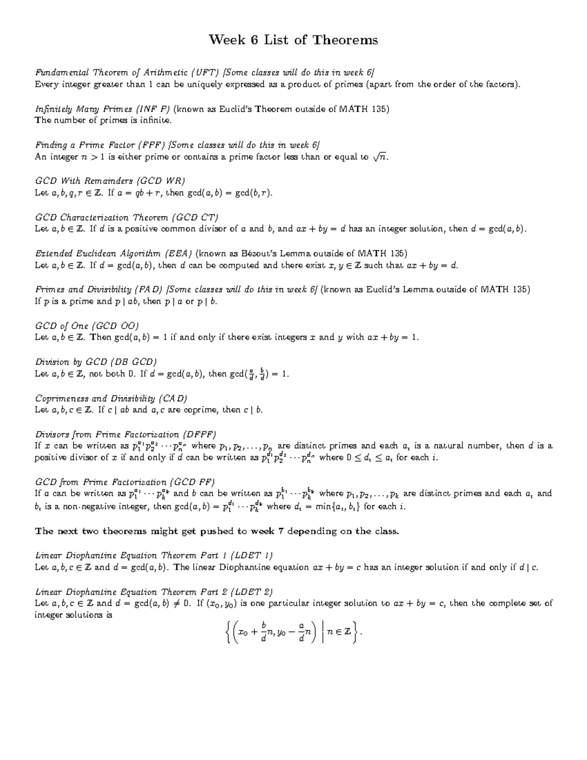 Week6Theorem Sheet - theorem formulas - Week 6 List of Theorems Fundamental Theorem of ...