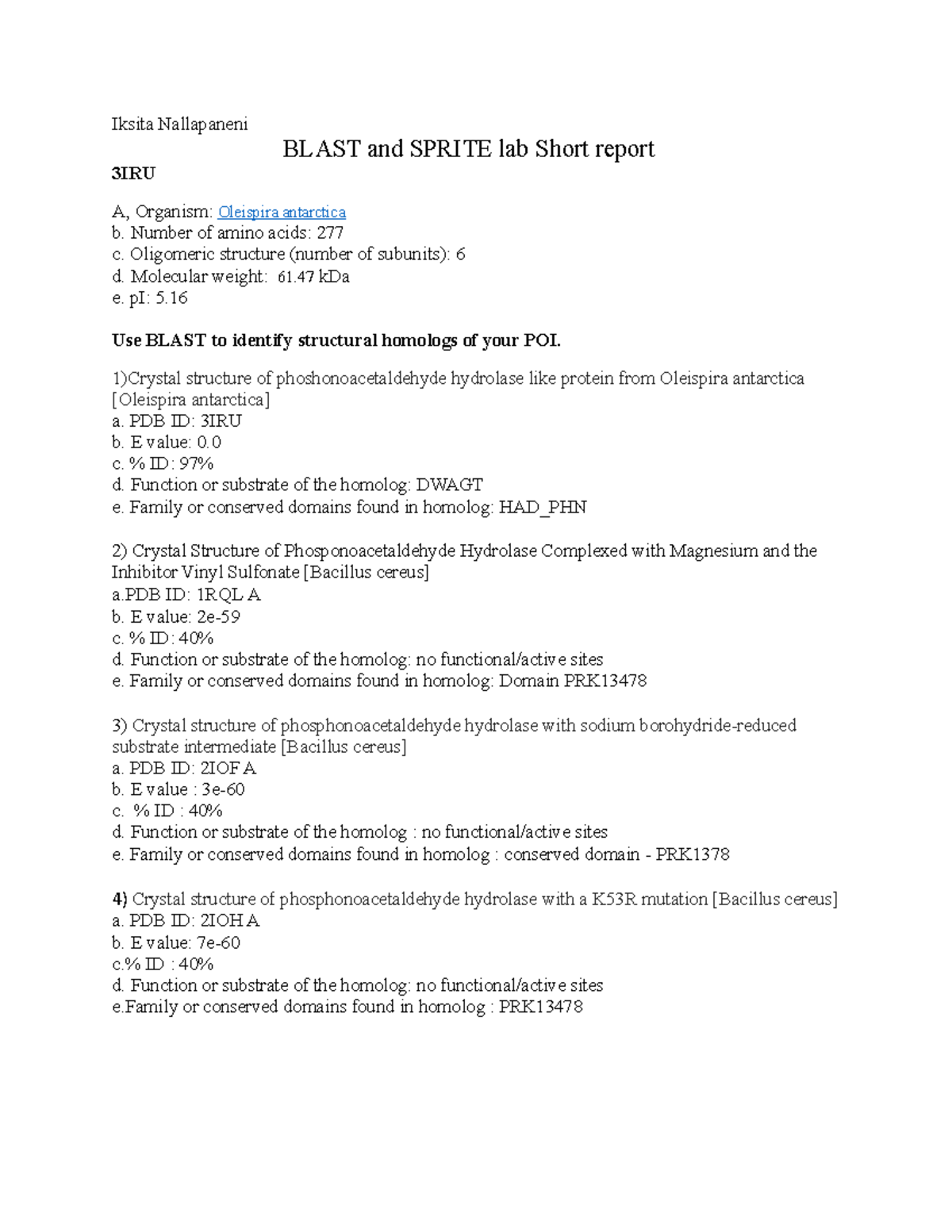 Blast and Sprite lab Short report for Biochem - BIOL 4450 - NSU - Studocu