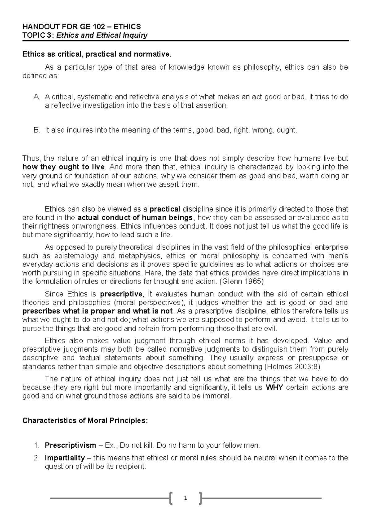 Topic 3 ethical inquiry - HANDOUT FOR GE 102 – ETHICS TOPIC 3: Ethics ...