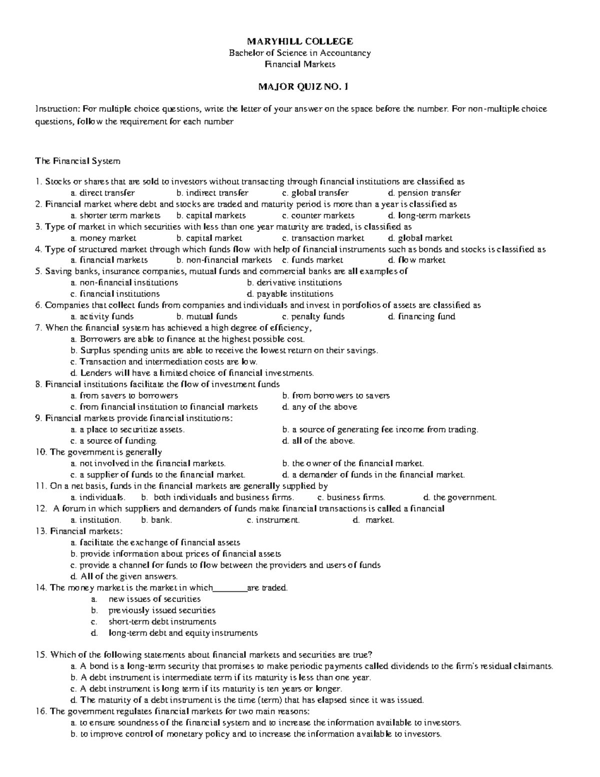 Financial Markets - Major Quiz No. 1 - MARYHILL COLLEGE Bachelor of ...