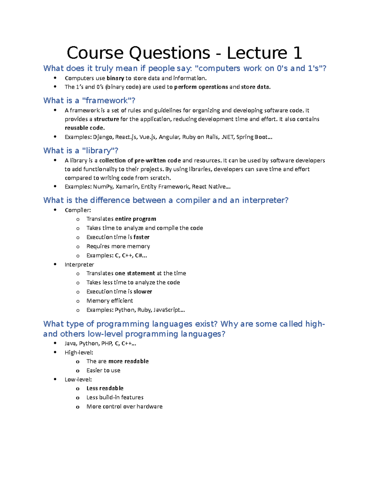 Course Questions Lecture 1 - Course Questions - Lecture 1 What does it ...