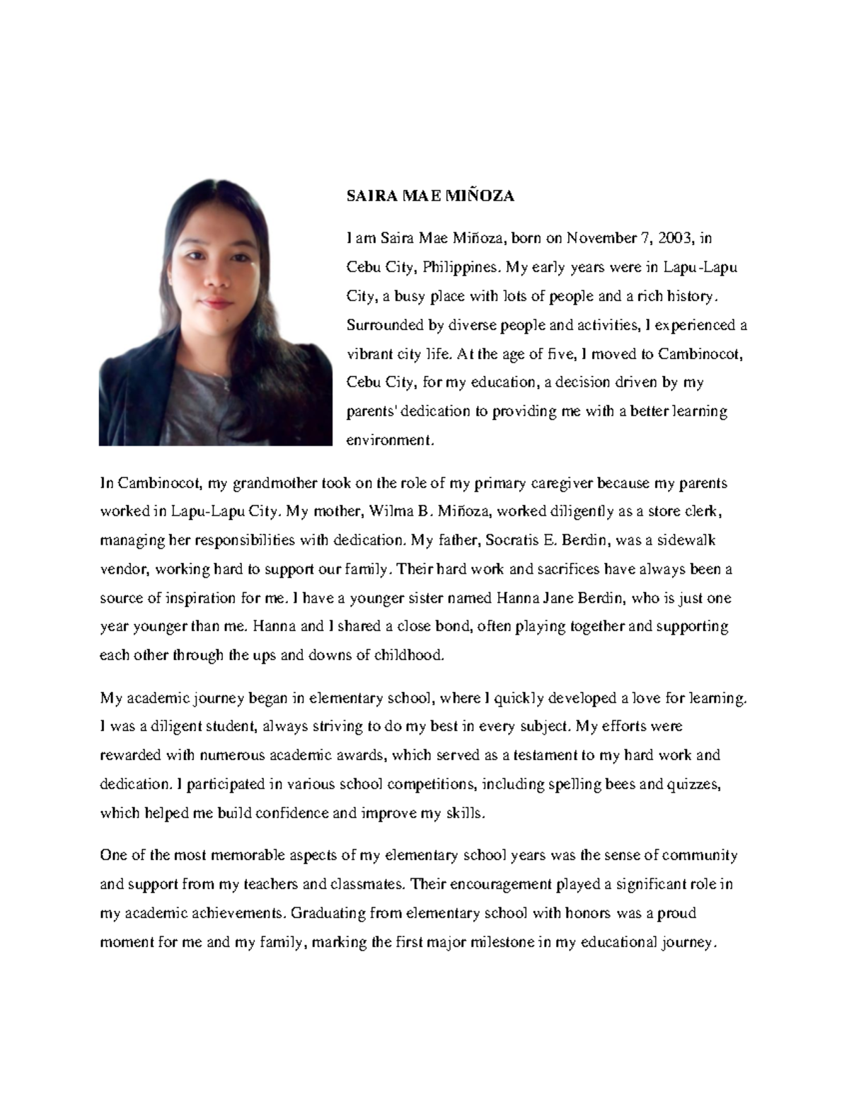 Autobiography-WPS Office - SAIRA MAE MIÑOZA I am Saira Mae Miñoza, born ...