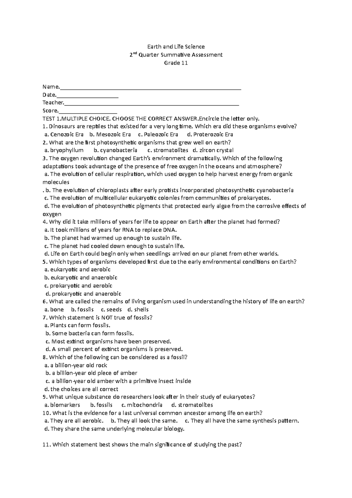 Earth and Life Science Q2 Assessment - Earth and Life Science 2 nd ...