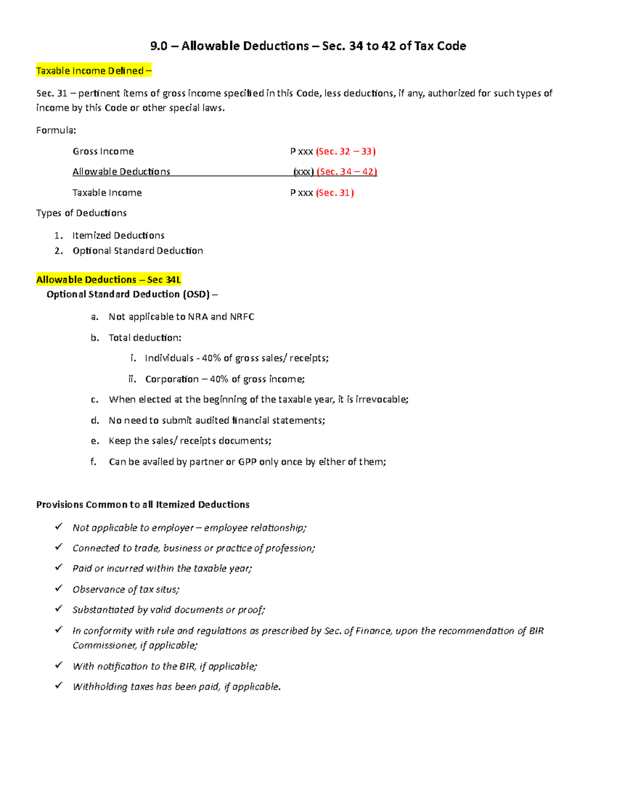 Lecture on Allowable Deductions (Sec. 34 to 42 of Tax Code) - 9 ...