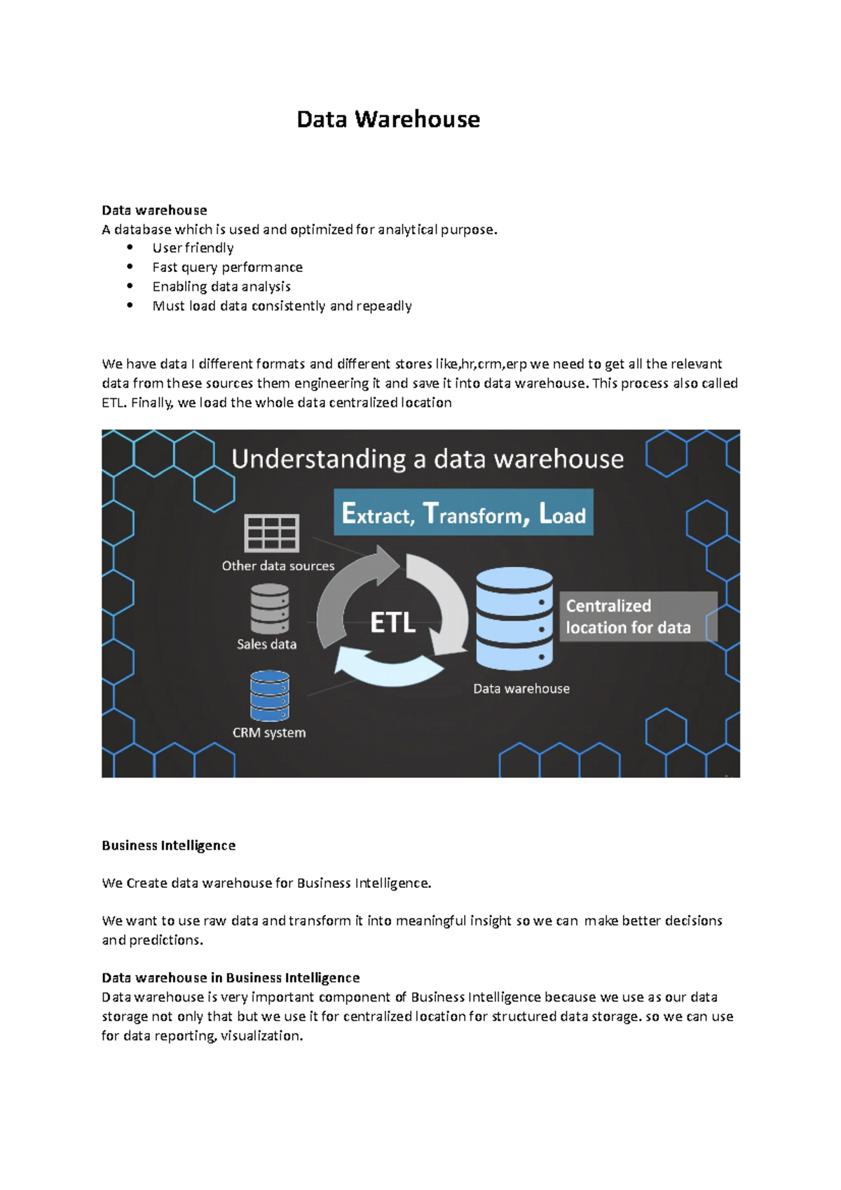 Data Warehouse - dataware house notes - Data Warehouse Data warehouse A ...