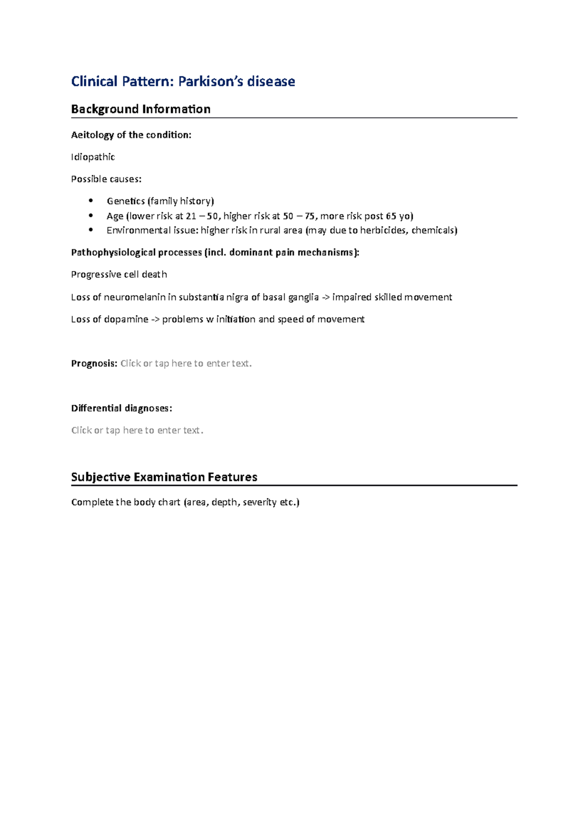 Clinical Pattern Template - Parkinson's Disease - Clinical Pattern ...