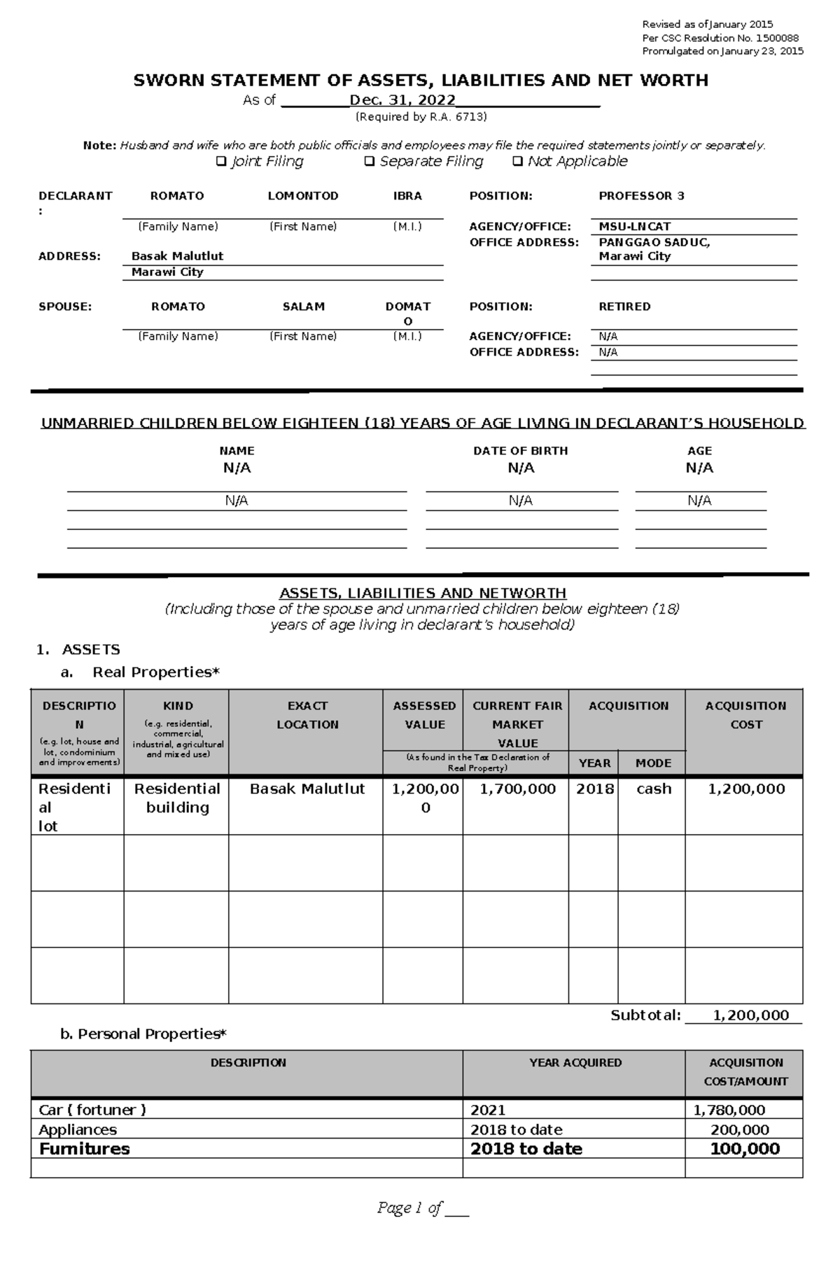 SALN FOR 2023 practice - Revised as of January 2015 Per CSC Resolution ...