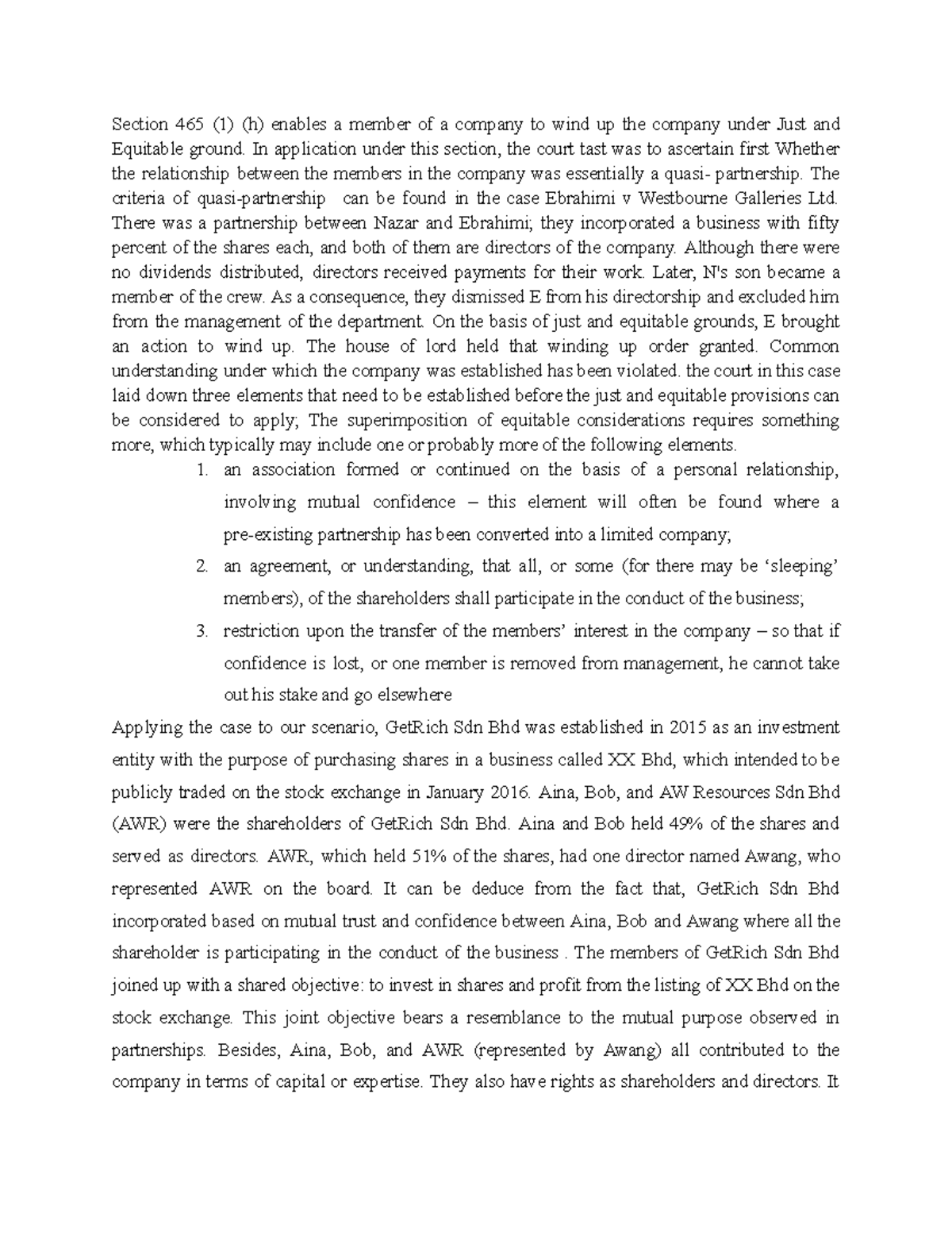 Quasi partnership - Section 465 (1) (h) enables a member of a company ...