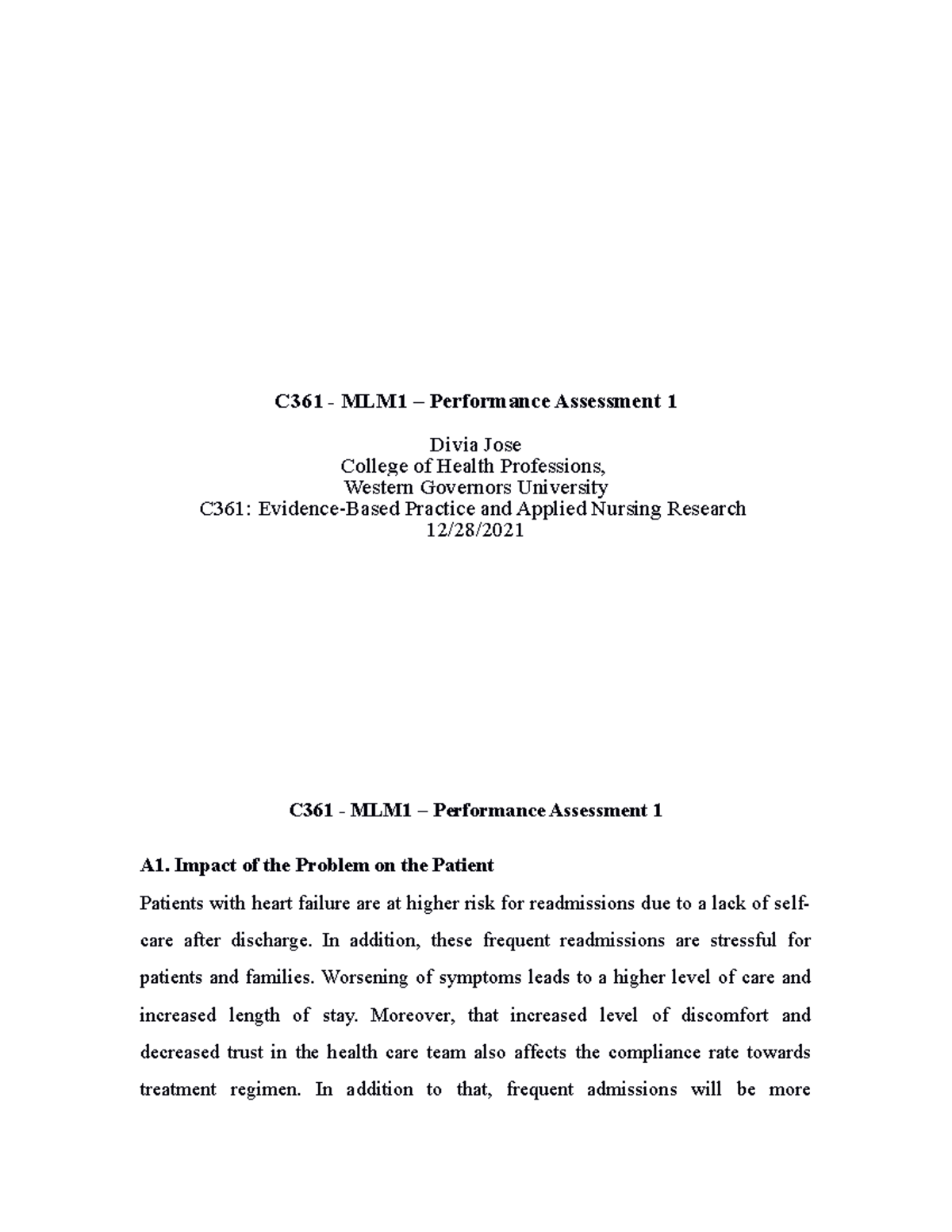 C361 PA 1 - c361 - C361 - MLM1 – Performance Assessment 1 Divia Jose ...