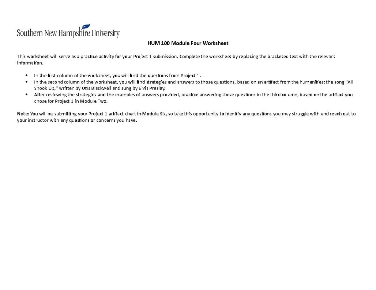 HUM 100 Module Four Artifact Chart Project 1 - HUM 100 Module Four ...
