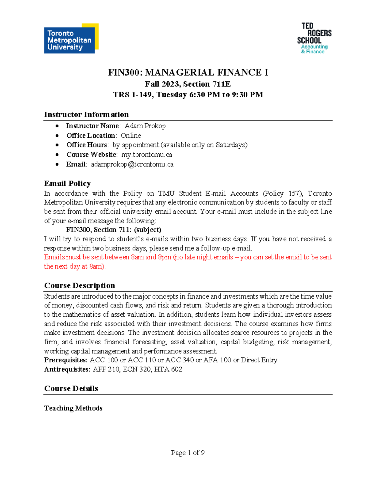 Syllabus - Prof. Adam Prokop - FIN300: MANAGERIAL FINANCE I Fall 2023 ...
