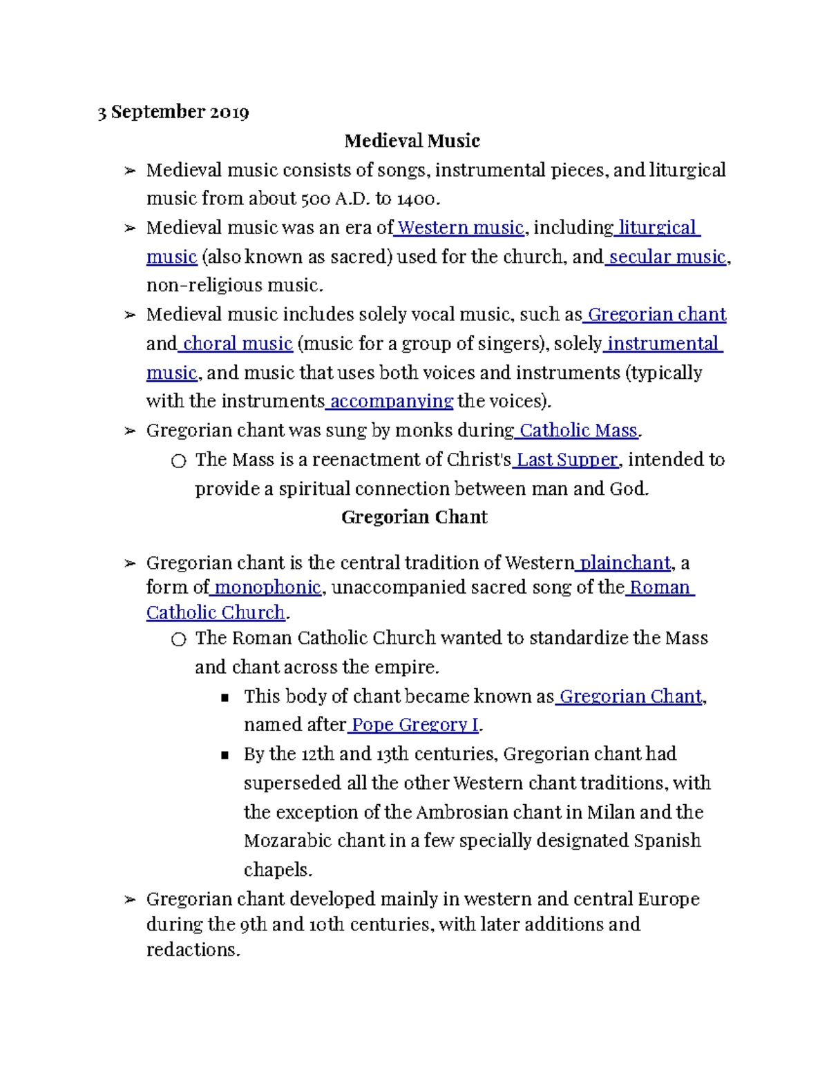 Medieval Music - Lecture notes - 3 September 2019 Medieval Music ...