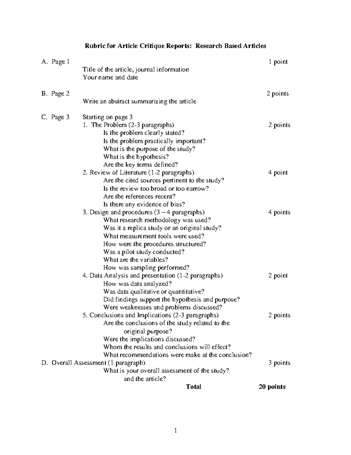 Article review assignment - 1 Rubric for Article Critique Reports ...