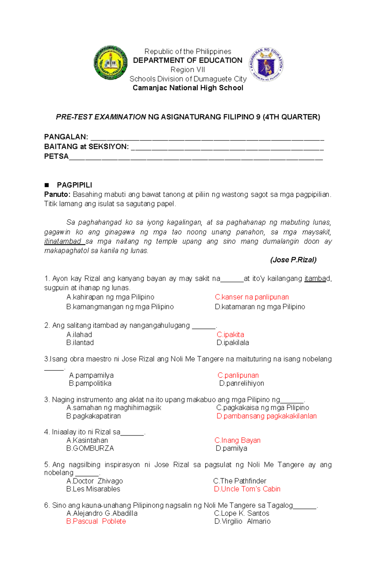 Grade 9 PRE-TEST 4TH Quarter WITH Answer KEY - Republic of the ...