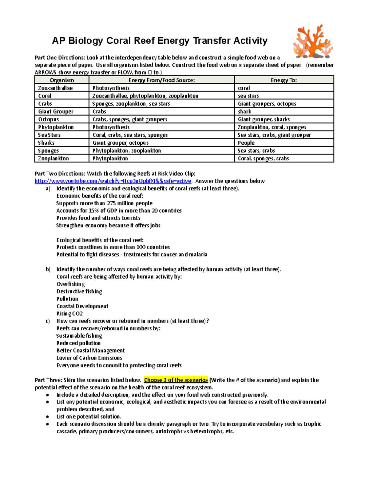 Coral Reef Activity Food Web Construction Activity - AP Biology Coral ...