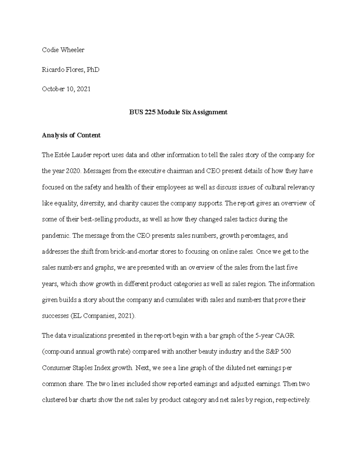BUS225 Module Six Assignment - Codie Wheeler Ricardo Flores, PhD ...