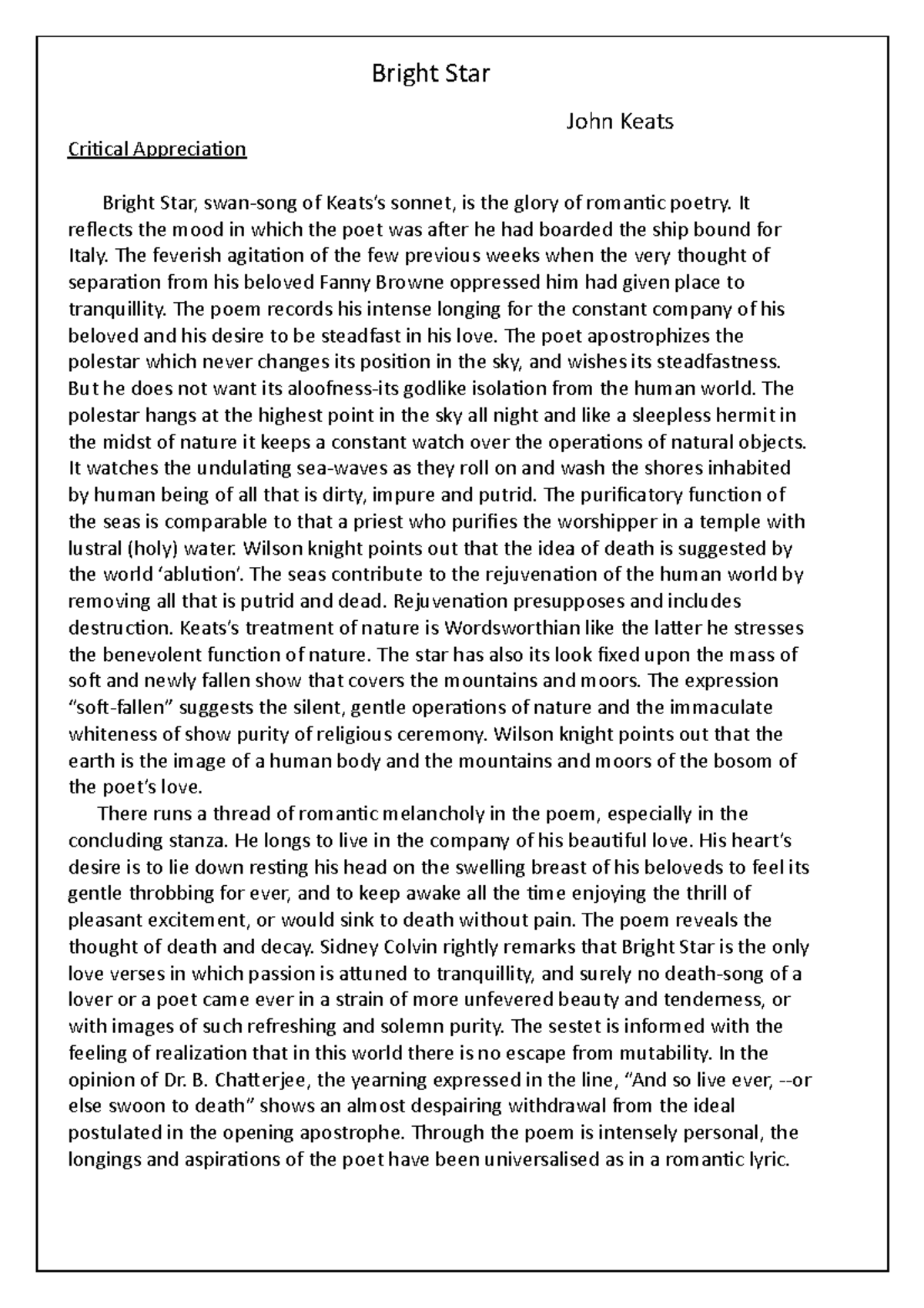 Bright Star - Bright Star John Keats Critical Appreciation Bright Star ...