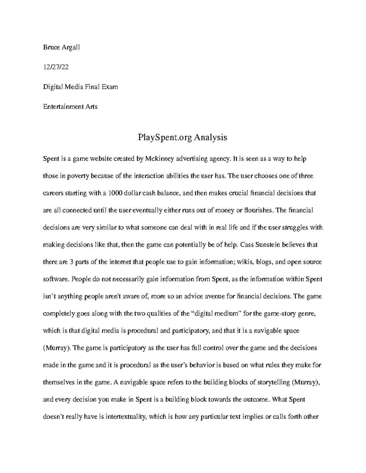 Entertainment Arts Digital Media Essay Exam - Bruce Argall 12/27 ...