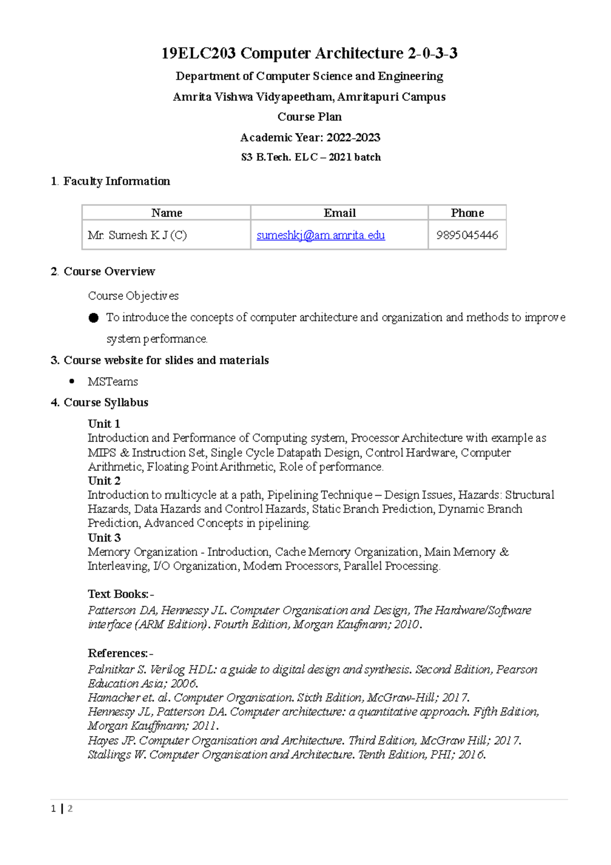 19ELC203-Computer Architecture-Course Plan - 19ELC203 Computer Architecture 2-0-3- Department of ...