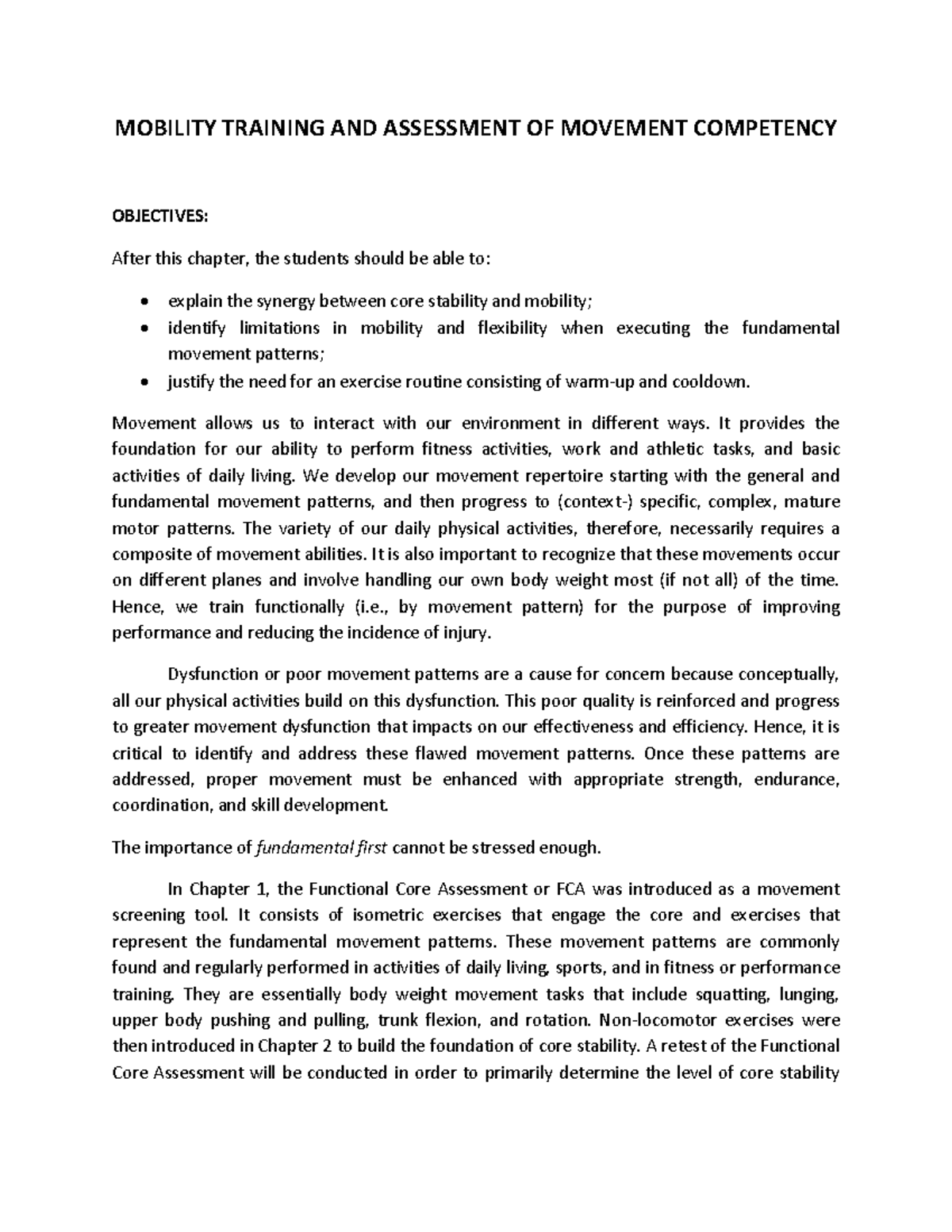 Mobility Training and Assessment of Movement Competency - MOBILITY ...