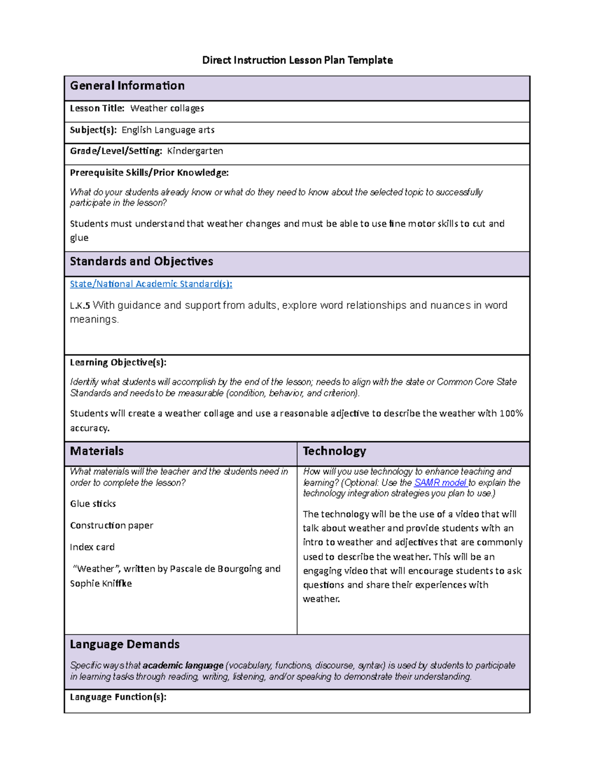 DT lesson 1 Weather lesson - Direct Instruction Lesson Plan Template ...