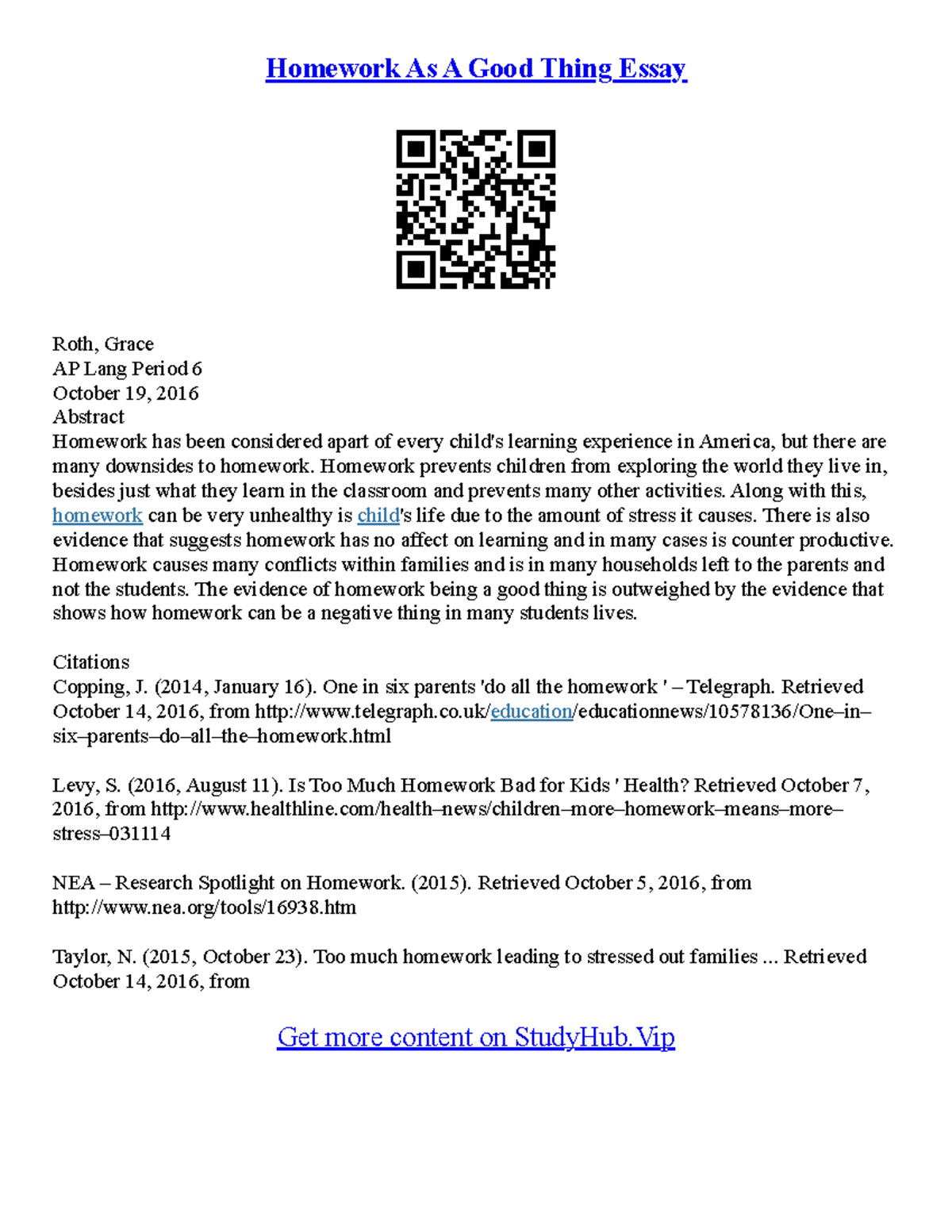Homework Essays - Homework As A Good Thing Essay Roth, Grace AP Lang ...
