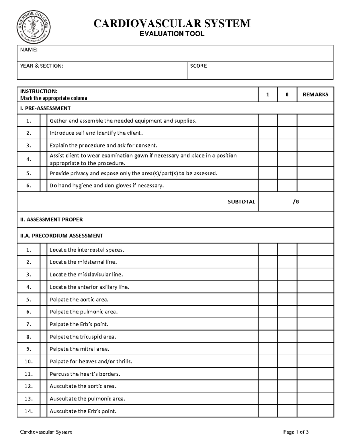 Cardiovascular System - CARDIOVASCULAR SYSTEM EVALUATION TOOL ...