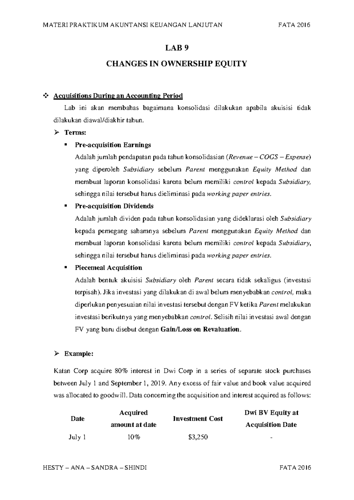 Materi - LAB 9 - Summary Advanced Accounting - Warning: TT: undefined function: 32 LAB 9 CHANGES ...