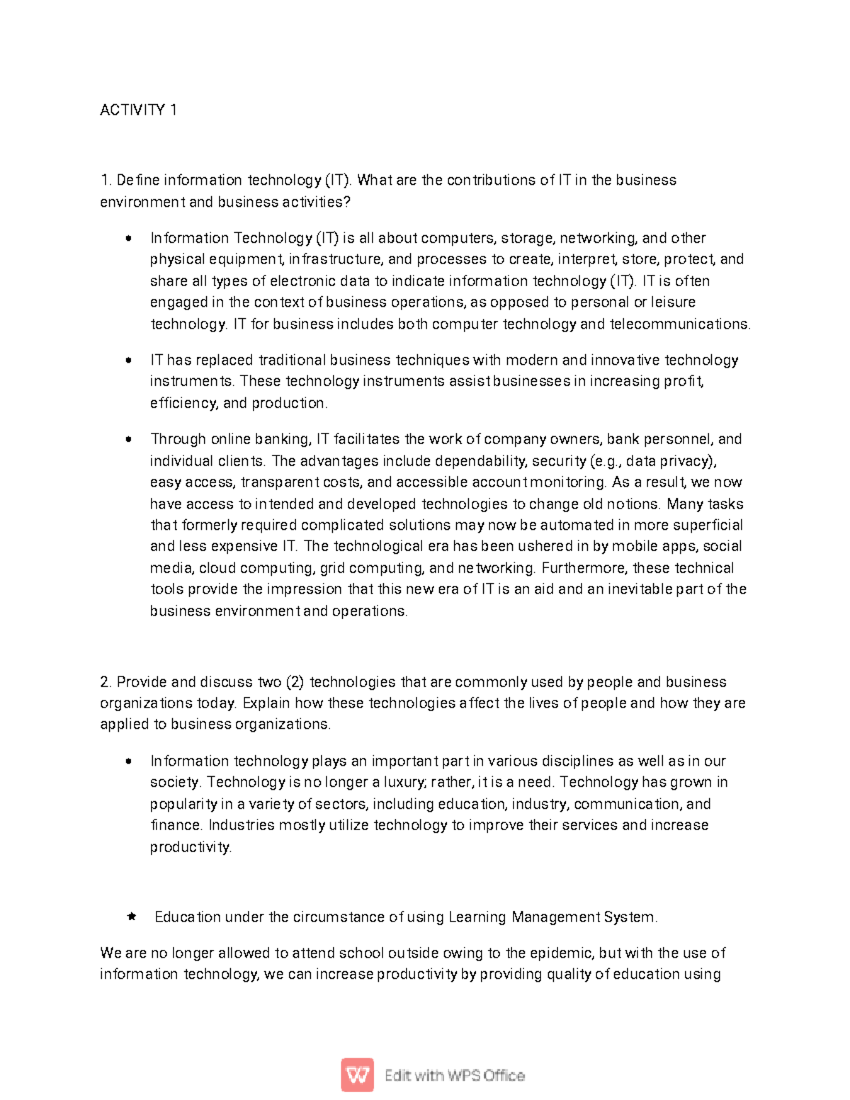 IT Activity 1 - Essay - ACTIVITY 1 Define information technology (IT ...