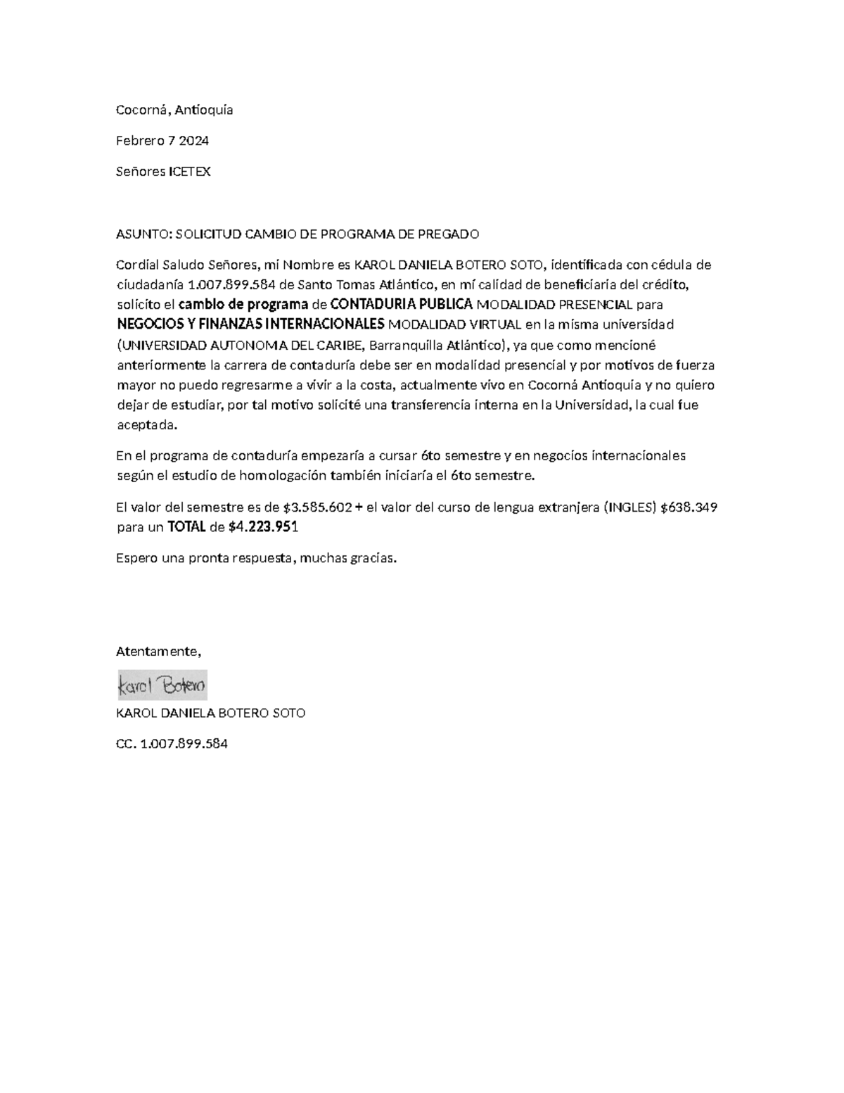 Carta icetex cambio programa - Cocorná, Antioquia Febrero 7 2024 ...