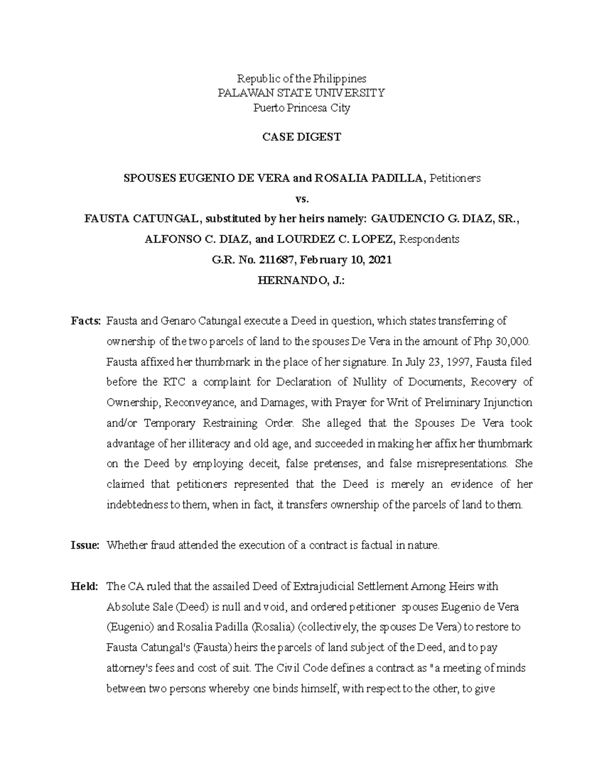 Case Digest: Fausta case - Republic of the Philippines PALAWAN STATE ...