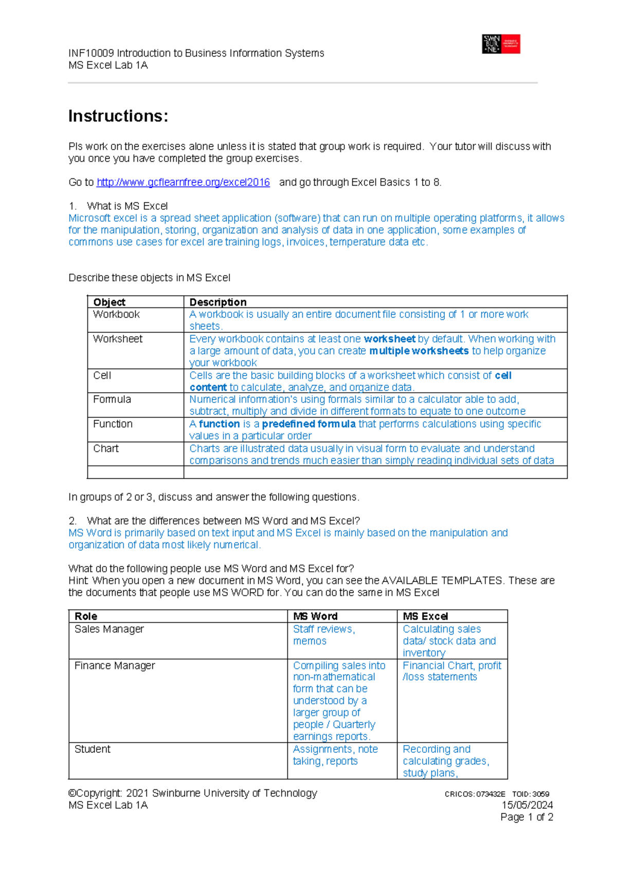 IBIS MS Excel Lab 1 - ibis - INF10009 Introduction to Business ...