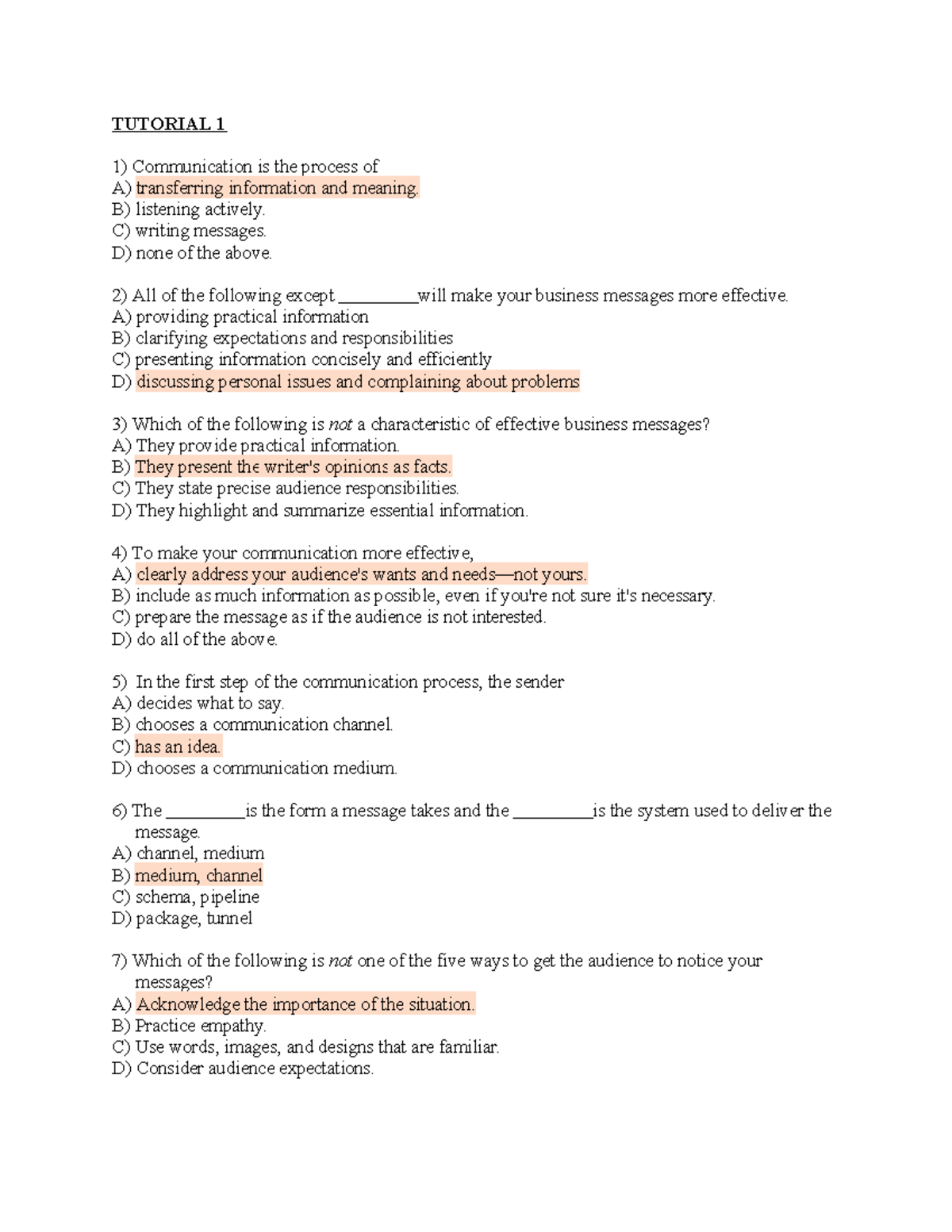 Understanding Why Communication Matters - TUTORIAL 1 1) Communication is the process of A) - Studocu