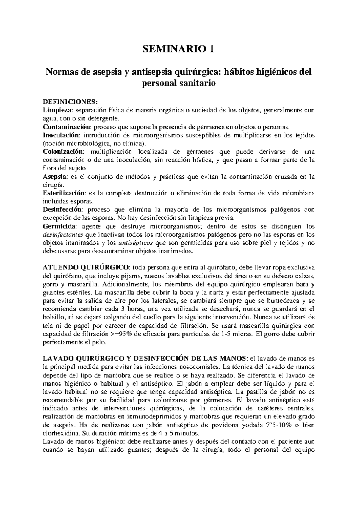 Seminario 1 - njkm - SEMINARIO 1 Normas de asepsia y antisepsia ...