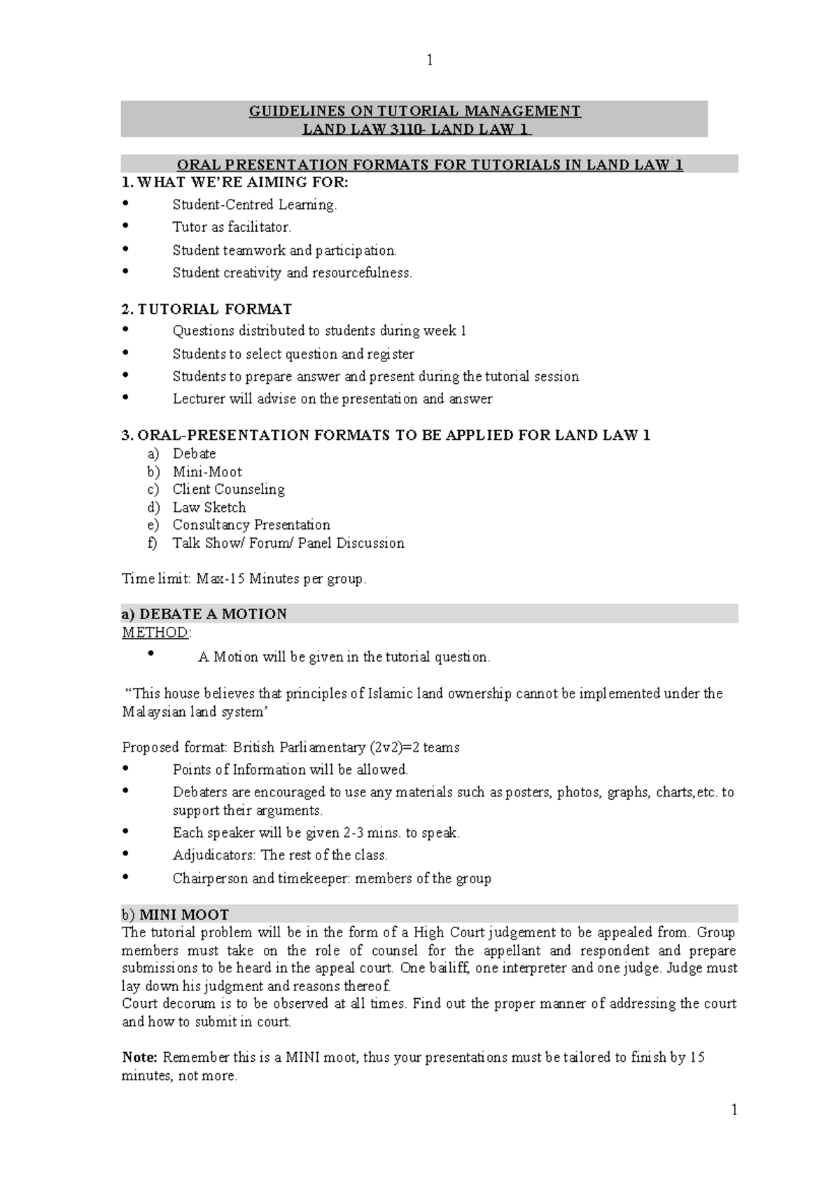 Tutorial Questions & Guidelines LAND LAW 1AJM SEM 1 2023-24 - GUIDELINES ON TUTORIAL MANAGEMENT ...