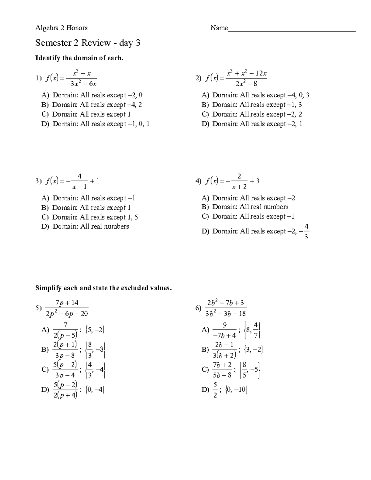 Semester 2 Review - day 3 - Algebra 2 Honors Name ...