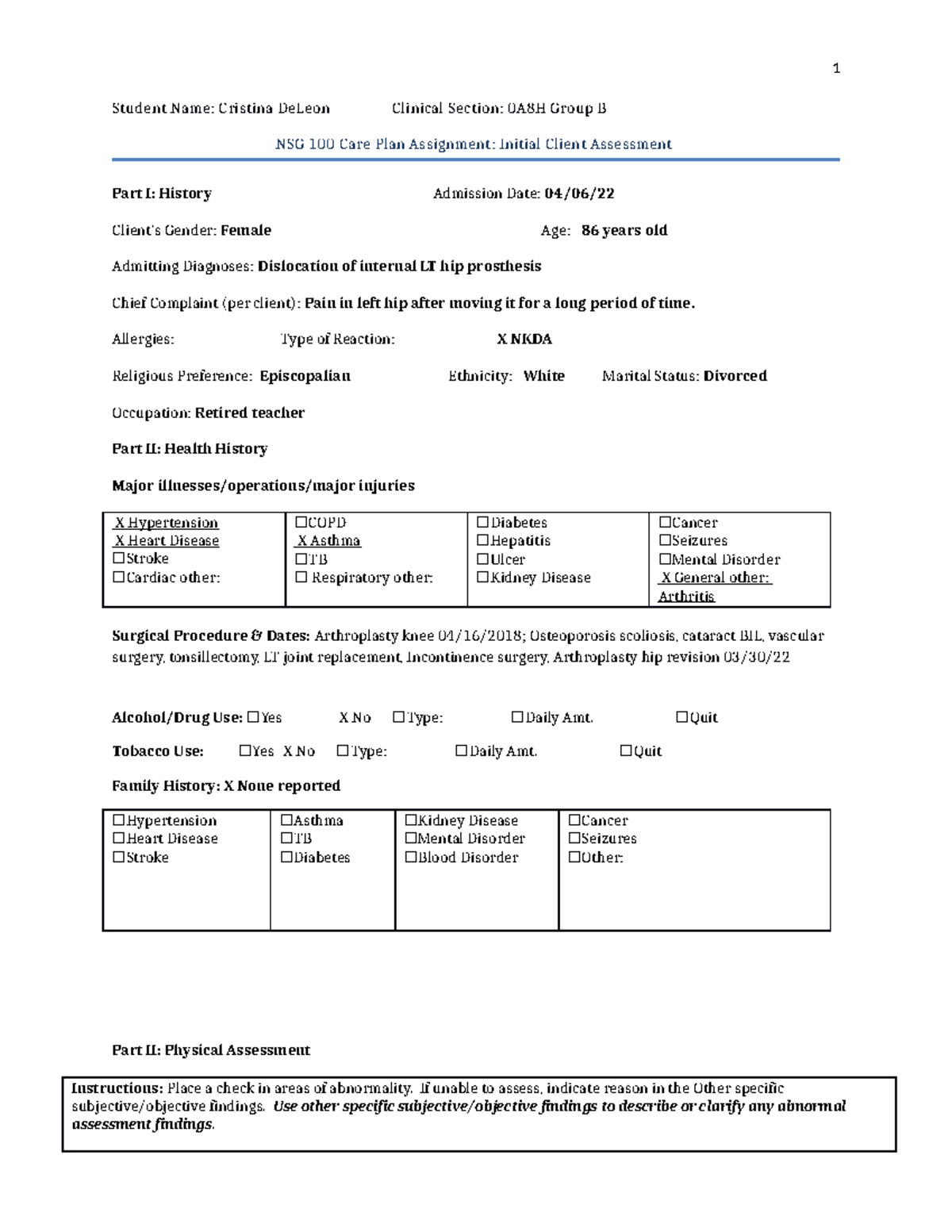 NSG 100 Care Plan Assignment Template SP22 1 CL - Student Name ...