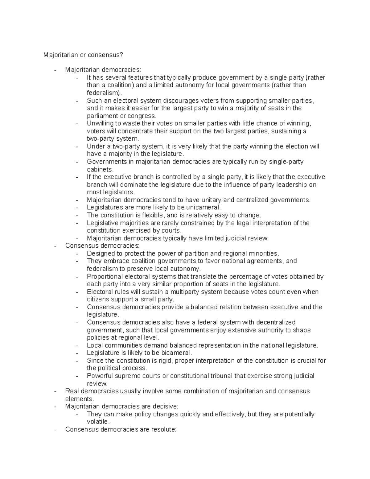 Poli 203, chapert 5, part 2 - Majoritarian or consensus? Majoritarian ...