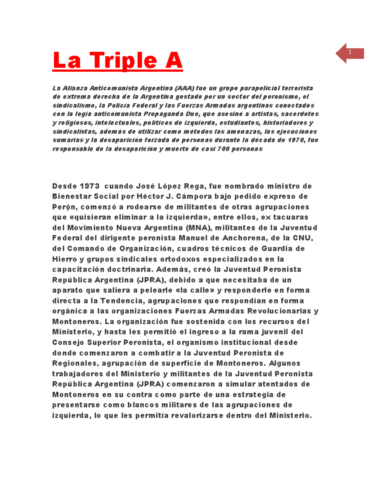 LA Triple A - 1 La Triple A La Alianza Anticomunista Argentina (AAA ...