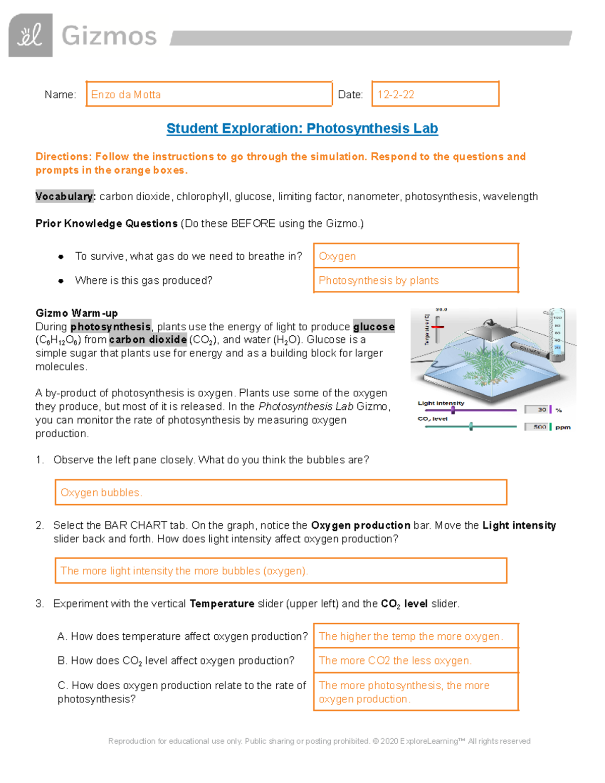 Gizmos - Photosynthesis Lab SE - Name: Enzo da Motta Date: 12-2 ...