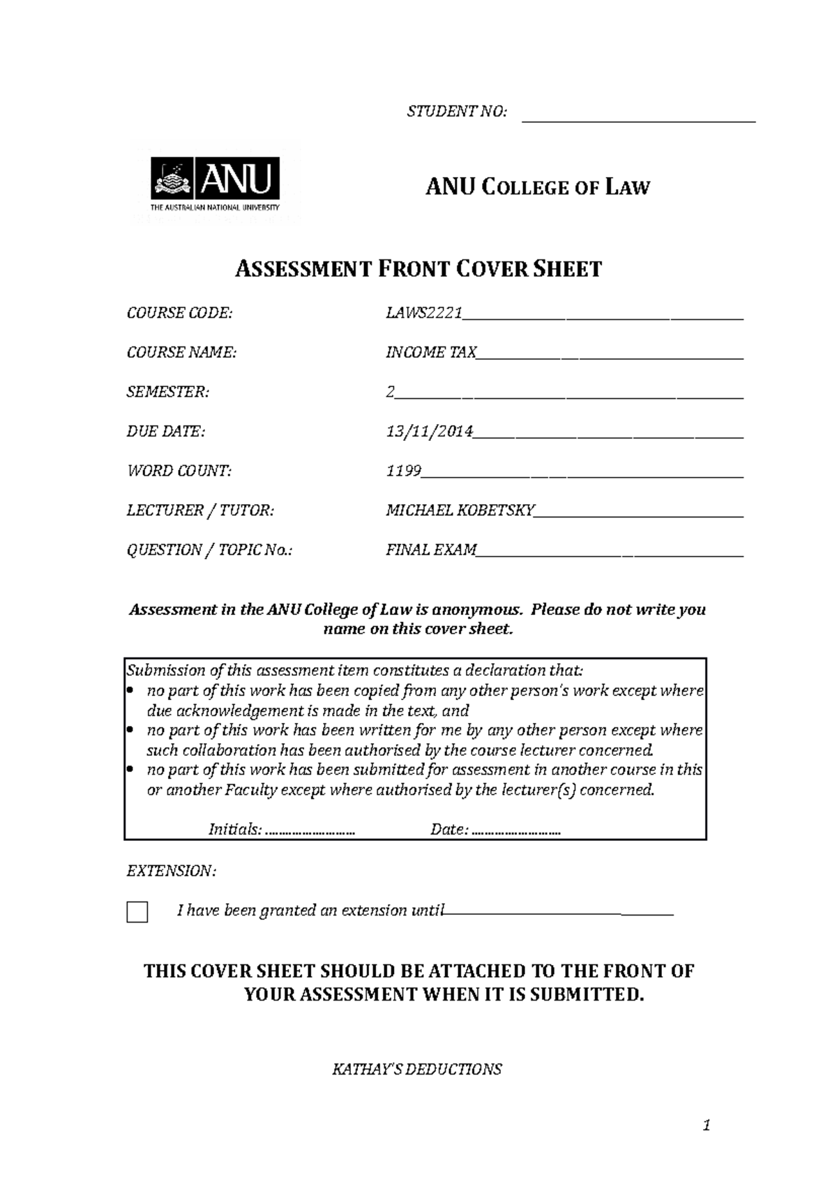 Exam November 2014, questions and answers - STUDENT NO: ANU COLLEGE OF ...